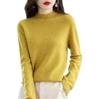 Generic Pull en cachemire pour femme, 100 % laine, sans couture, demi-col roul&eacute;, manches longues, col rond, jaune, XXL