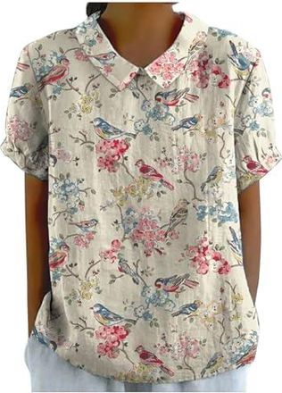 Generic T-shirt d&eacute;t&eacute; pour femme - Col rond &eacute;l&eacute;gant - Col rond - Chemise en lin imprim&eacute;e - Pull ample - T-shirt d&eacute;contract&eacute;, beige, XXL