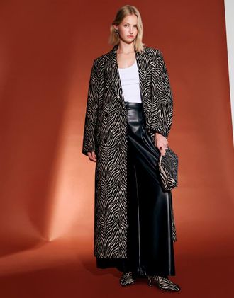 Asos manteau habill&eacute; long en jacquard z&eacute;br&eacute;-Noir