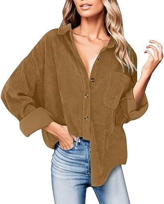 Generic Chemise boutonn&eacute;e en Velours c&ocirc;tel&eacute; pour Femme Chemisiers Hauts Manches Longues vestChemisier &eacute;l&eacute;gant pour Femme - Col en V Grande Taille