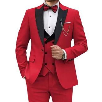 Generic Costume 3 pièces élégant en velours pour homme, coupe ajustée, revers à visière, smoking, veste de dîner, gilet et pantalon, Rouge, 4XL