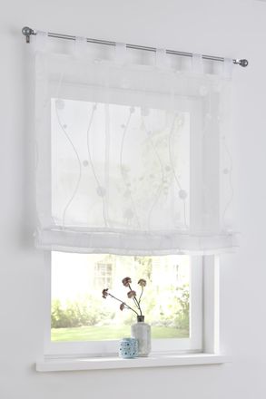 Kutti Heimtextilien Nelly weiß Raffrollo mit Schlaufen modern Bestickt Raffgardine halbtransparent, Polyester pflegeleicht in der Größe 45 x 140 cm
