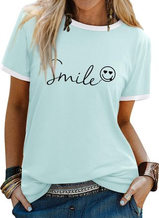 Dresswel Tshirt Damen Smile Druck T-Shirt Rundhals Kurzarm T Shirts Sommer Oberteile Tee Tops Bluse(Himmelblau,2XL)