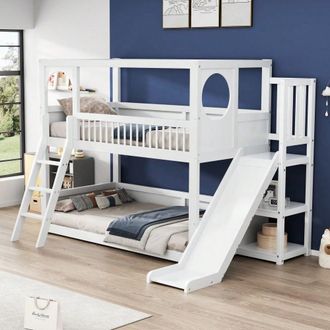 Generic Verspieltes Etagenbett f&uuml;r Kinder mit Rutsche und Ablagen - 90x200 multifunktional, wei&szlig; - ohne Matratze