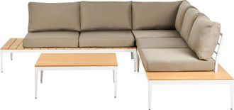 Beliani Lounge Set 5-Sitzer Ecksofa mit Couchtisch Holzoptik weiß Auflagen grau Positano