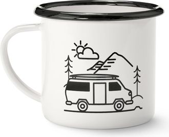 Tchibo Emaille Tasse, Camping Becher, Kaffeetasse mit Henkel, leicht und robust, 380ml, Weiß mit Motiv