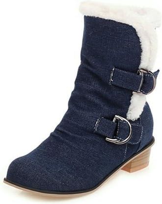 Generic Bottines de neige tendance en denim pour femme avec doublure en fausse fourrure et boucle de ceinture - Chaussures chaudes dhiver décontractées, bleu 
