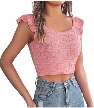 Generic Hauts courts d&eacute;t&eacute; occidentaux pour femmes 2025 &agrave; col carr&eacute; d&eacute;contract&eacute; coupe ample t-shirt court tendance mignon sans manches &eacute;t&eacute; 2025 demi-chemises s