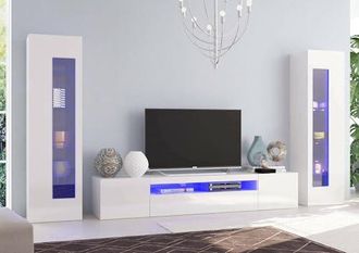 Dmora Ausgestattete Wand Enzo, TV-St&auml;nder-Wohnzimmerset, Mehrzweck-Wohnzimmerm&ouml;bel mit LED-Licht, 100 % Made in Italy, 290 x 40 x 162 cm, gl&auml;nzendes Wei&szlig;
