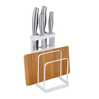 Relaxdays 2in1 Schneidebretthalter & Messerhalter, Metall, Küchen Organizer für Brettchen, Messer, Topfdeckel, weiß