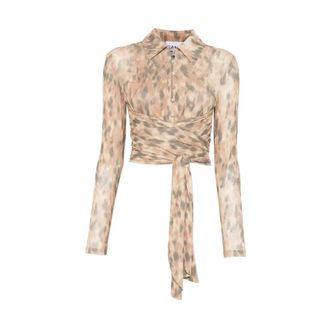 Ganni Femme, Blouses et Chemises, Brun, Taille: 38 FR Blouse Courte Imprim&eacute;e en Maille Marl &agrave; Nouer