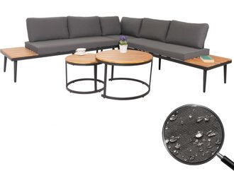 Mendler Garten-Garnitur HWC-H54c, Lounge-Set, Beistelltisch Spun Poly Akazie Holz Stahl - braun, Kissen dunkelgrau