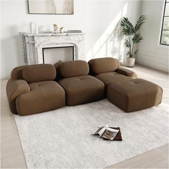 Generic Modulares Schlafsofa mit Ottomane, 3-Sitzer, modulares Cord-Sofa, ohne Montage, for Wohnzimmer, rahmenloses Sofa, mit gebogenen Armlehnen(Marrone,3S+1