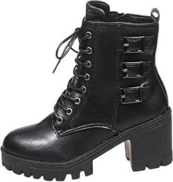 Generic Bottes de motard pour femme &agrave; talon bloc &eacute;pais &eacute;l&eacute;gantes &agrave; lacets de couleur unie en similicuir avec boucle lat&eacute;rale et fermeture &eacute;clair lat&eacute;rale, bot