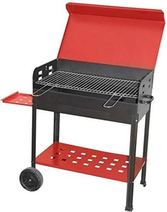 Mille Holzkohlegrill Vanessa aus lackiertem Eisen. Mit seitlicher Ablage, unterer Ablage und R&auml;dern. Grillrost aus Stahl mit Griffen vorne und Deckel