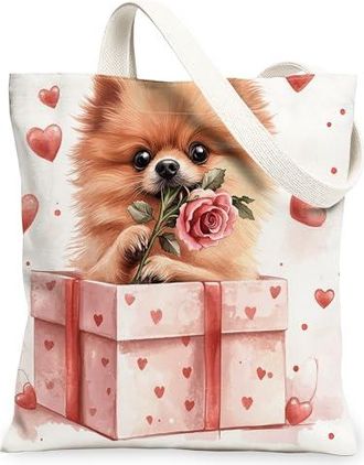 Generic Sac fourre-tout en toile motif chien de Pom&eacute;ranie pour le shopping 33 x 38 cm, cadeau amusant pour la Saint-Valentin, sac d&eacute;picerie r&eacute;utilisable pour 