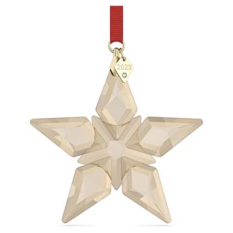 Swarovski Annual Edition Festive Ornament 2023, Weihnachtliches Stern-Ornament aus Goldfarbenem Kristall und einem Roten Ripsband