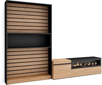 Skraut Home | Wohnwand Wohnzimmer | Wohnzimmerm&ouml;bel, M&ouml;belset | 260x186x35cm | F&uuml;r TV-Ger&auml;te bis zu 65 | Elektrokamin. | Moderner Stil | Eiche Schwarz