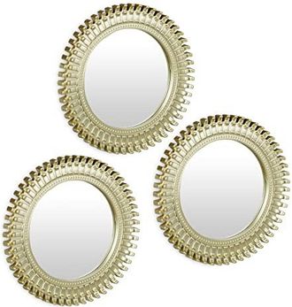 Relaxdays Spiegel 3er Set, runde Zierspiegel, Wohnzimmer, Flur, Dekospiegel Wand, Ø je 25 cm, Kunststoff-Rahmen, Gold
