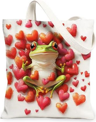 Generic Sac fourre-tout en toile motif grenouilles mignonnes pour faire du shopping, 33 x 38,1 cm, sac &agrave; bandouli&egrave;re r&eacute;utilisable pour la Saint-Valentin, sac 