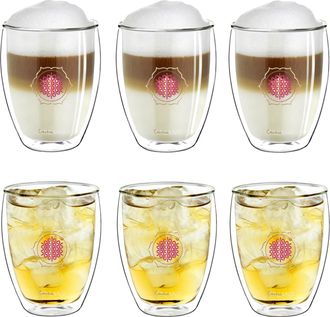 Creano doppelwandiges Tee-Glas, Latte Macchiato, Thermobecher Blume des Lebens | 250ml, in exklusiver Geschenkbox 6er Set