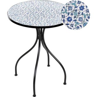 Beliani Table de Bistrot de Jardin Vintage en M&eacute;tal 60 cm Plateau en C&eacute;ramique Motif Floral Noire Chapeco