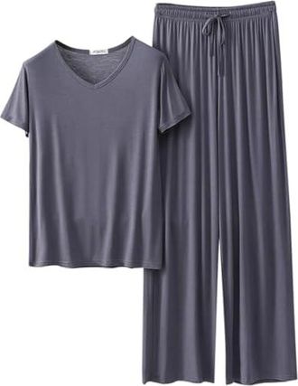 Generic Ensemble de v&ecirc;tements dint&eacute;rieur &agrave; col en V pour femme, haut &agrave; manches courtes et pantalon &agrave; jambes larges, v&ecirc;tements de nuit 2 pi&egrave;ces doux et respira