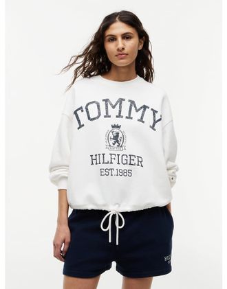 Tommy Hilfiger Locker geschnittenes Sweatshirt in Wei&szlig; mit Wappenlogo und Kordelzug am Saum