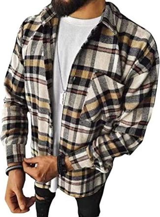 Minetom Chemises Homme en Flanelle Chemises Casual À Carreaux Manches Longues Chemise Bucheron Carreaux Chemise en Flanelle A Beige M