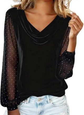 Generic Haut en velours pour femme - &Eacute;l&eacute;gant et transparent - Manches longues - Col b&eacute;nitier - Chemisier en velours - Chemisier en velours - Tenue de printemp