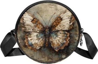 Generic Sac &agrave; bandouli&egrave;re rond pour femme, motif papillon vintage, petit sac &agrave; bandouli&egrave;re avec fermeture &eacute;clair, bretelles r&eacute;glables, sac &agrave; main rond d&eacute;contr