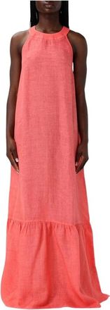 120% Lino Femme, Robes, Rouge, Taille: 40 FR Robe Longue en Lin Élégante avec Jupe à Volants