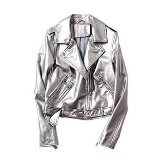 Missmao Femmes Veste en Simili Cuir Zipper Manteau Court Veste Blazer à Manches Longues,Argent,M