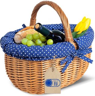 Creative Home Creative Home - Panier de Pique-Nique Osier Fait Main Pois Bleu 43 x 32 x 37 cm