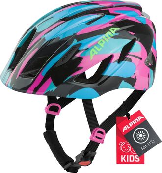 Alpina PICO Flash - Beleuchteter, Leichter & Bruchfester Fahrradhelm Mit Fliegennetz F&uuml;r Kinder, neon-Blue pink Gloss, 50-55 cm
