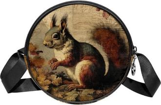 Generic Sac &agrave; bandouli&egrave;re rond pour femme, motif &eacute;cureuil vintage, petit sac &agrave; bandouli&egrave;re avec fermeture &eacute;clair, bretelles r&eacute;glables, sac &agrave; main rond d&eacute;contr