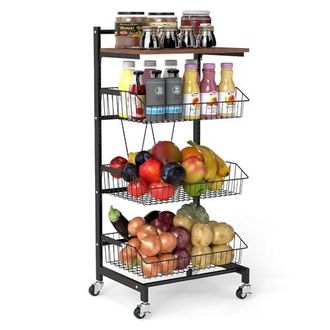 Giantex Chariot de Rangement &agrave; roulettes 4 Niveaux, Desserte Cuisine avec Plateau en Bois, 3 Paniers M&eacute;tals, Cadre M&eacute;talliquqe en W, Charge Totale 40 KG, Meub