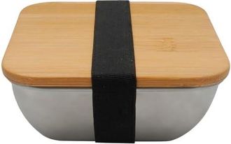 Fackelmann 684081 Lunchbox pour micro-ondes en inox 600ml, Boite repas pour le midi, Acier inoxydable, Couvercle en bambou, 13x13cm