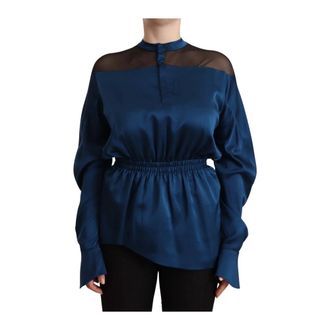 Masha Ma Femme, Blouses et Chemises, Bleu, Taille: 36 FR Chemisier en Soie &agrave; Manches Longues et Taille &Eacute;lastique