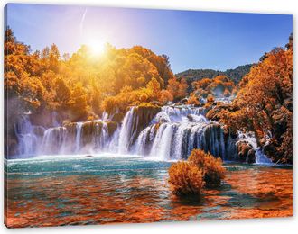Pixxprint Wasserfälle im Herbst bei Sonnenuntergang, Größe: 60x40cm, Leinwandbild, fertig gespannt, Wandbild, Dekoration, Kunstdruck, kein Poster