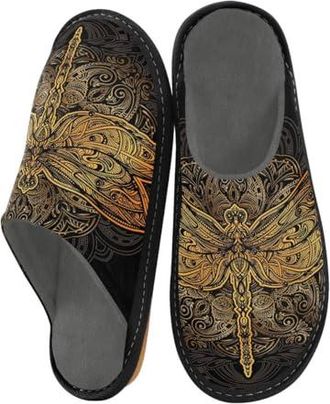 HMZXZ Pantoufles noires ethniques oiseaux libellules pour homme et femme, motif animal de dessin animé, chaussons dintérieur pour la maison, la chambre à co