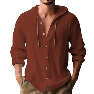 Generic Chemises boutonn&eacute;es en lin pour homme - Haut en coton &agrave; manches longues - T-shirt de plage &agrave; manches longues - Col en V - Chemises en lin boutonn&eacute;es -