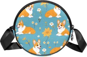 Generic Petit sac &agrave; bandouli&egrave;re rond pour femme, motif floral Corgi avec fermeture &eacute;clair, bretelles r&eacute;glables, sac &agrave; main rond d&eacute;contract&eacute; pour femmes et fil