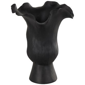 Deco 79 Keramikvase mit abstraktem Blumenmuster, gewelltem gefaltetem Rand und linearen Rillen, 20,3 x 17,8 x 27,9 cm, Schwarz