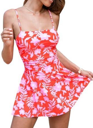 Cupshe Maillot de bain une pièce pour femme - Contrôle du ventre - Col carré - Bretelles spaghetti réglables, Rouge corail/floral, M