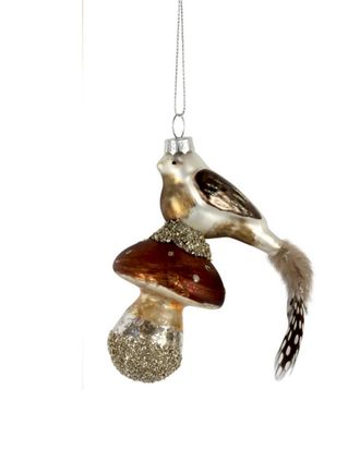 Generic Glaskugel Vogel auf Pilz Motivkugel 9,5 cm Kugeln Anh&auml;nger Glas Christbaumschmuck Christbaumkugeln