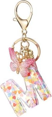 Generic Lani&egrave;re de designer en r&eacute;sine paillet&eacute;e avec 26 lettres porte-cl&eacute;s papillon gland pour cl&eacute; de voiture, m, taille unique