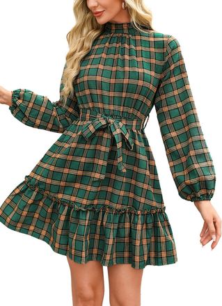 Cupshe Damen Kleid Plaid High Neck Langarm Freizeitkleider Kariert Party Tunika Mini Dress Gr&uuml;n XL