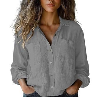 Generic Chemise d&eacute;contract&eacute;e en coton et lin pour femme - Manches longues - Couleur unie - Haut de travail ample avec poches - T-shirt &agrave; manches longues pour 