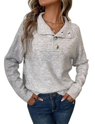 Generic Pull à col montant boutonné en tricot torsadé pour femme - Col montant boutonné - Décontracté - Travail daffaires - Tenue dautomne, gris, XL